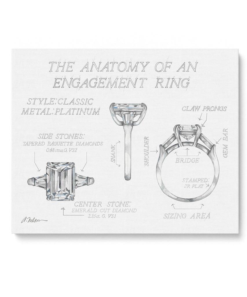 Anatomy of an Engagement Ring Watercolor Rendering printed on Canvas ...